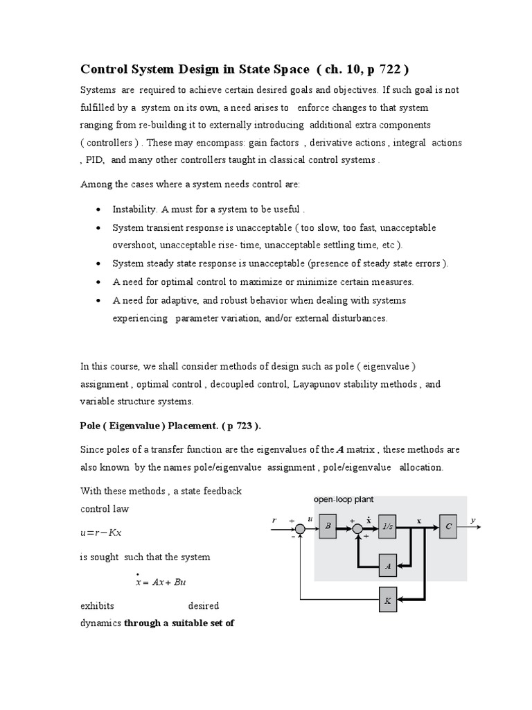 Control System Design in State Space (Ch. 10, P 722) : Pole (Eigenvalue ...