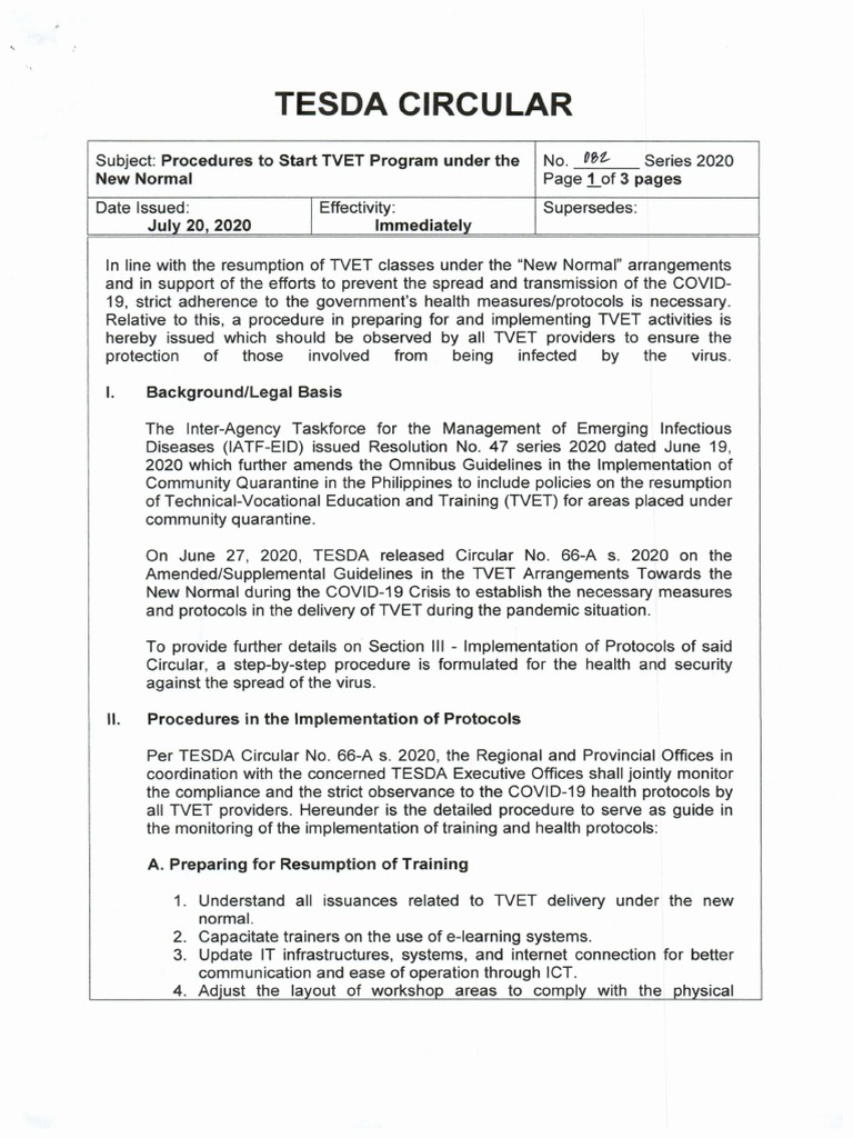 TESDA Circular No. 082-2020 | PDF | Educational Technology | Public Health