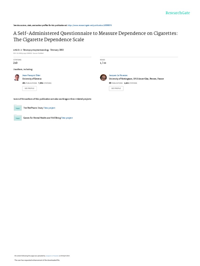 A Self-Administered Questionnaire To Measure Dependence On Cigarettes ...