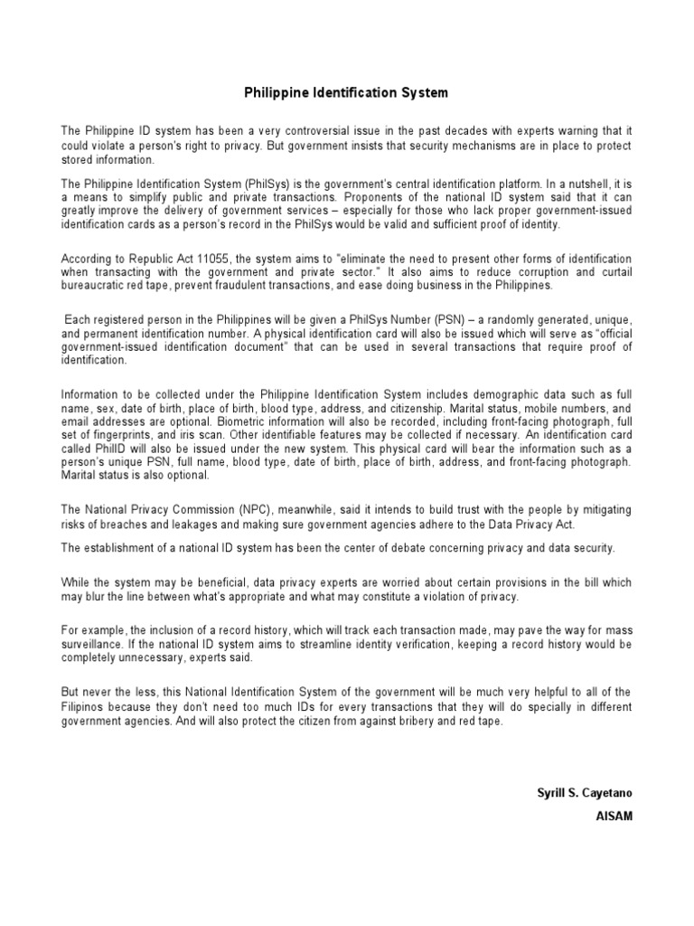 Philippine Identification System: Syrill S. Cayetano Aisam | PDF ...