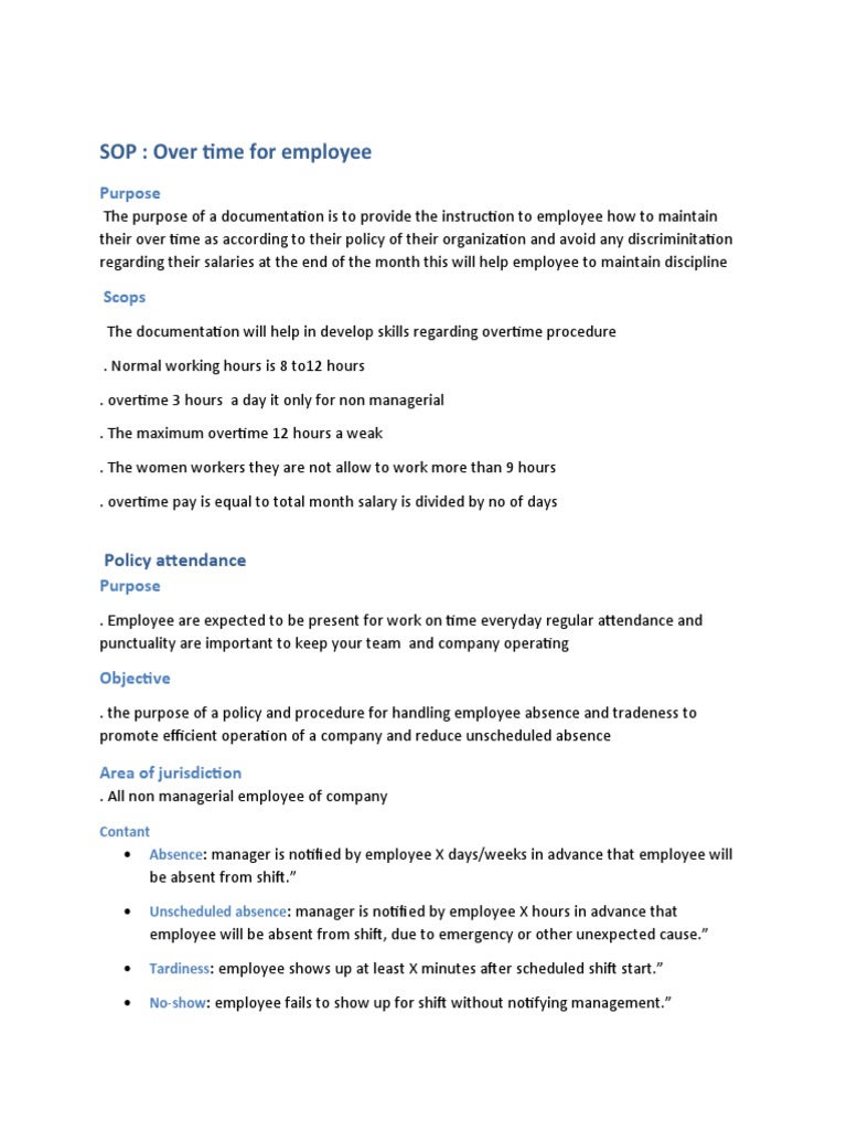 SOP: Over Time For Employee: Purpose | PDF | Overtime | Sick Leave