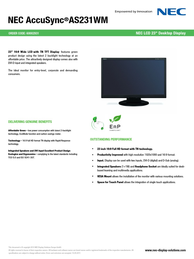 Nec Accusync As231Wm: Nec LCD 23" Desktop Display | PDF | Computer Monitor | Thin Film ...