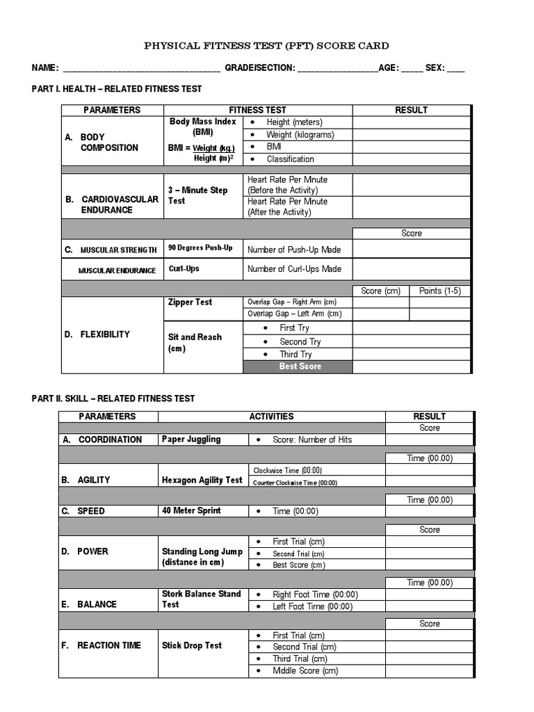 PFT Scorecard Template | PDF | Body Mass Index | Physical Fitness