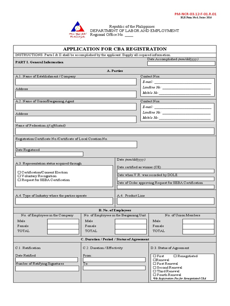 Application For Cba Registration: PART I. General Information A ...