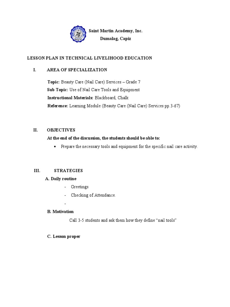 Saint Martin Academy Lesson Plan for Nail Care Tools | PDF | Tools ...