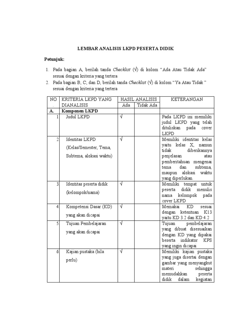 LEMBAR ANALISIS Komponen LKPD | PDF