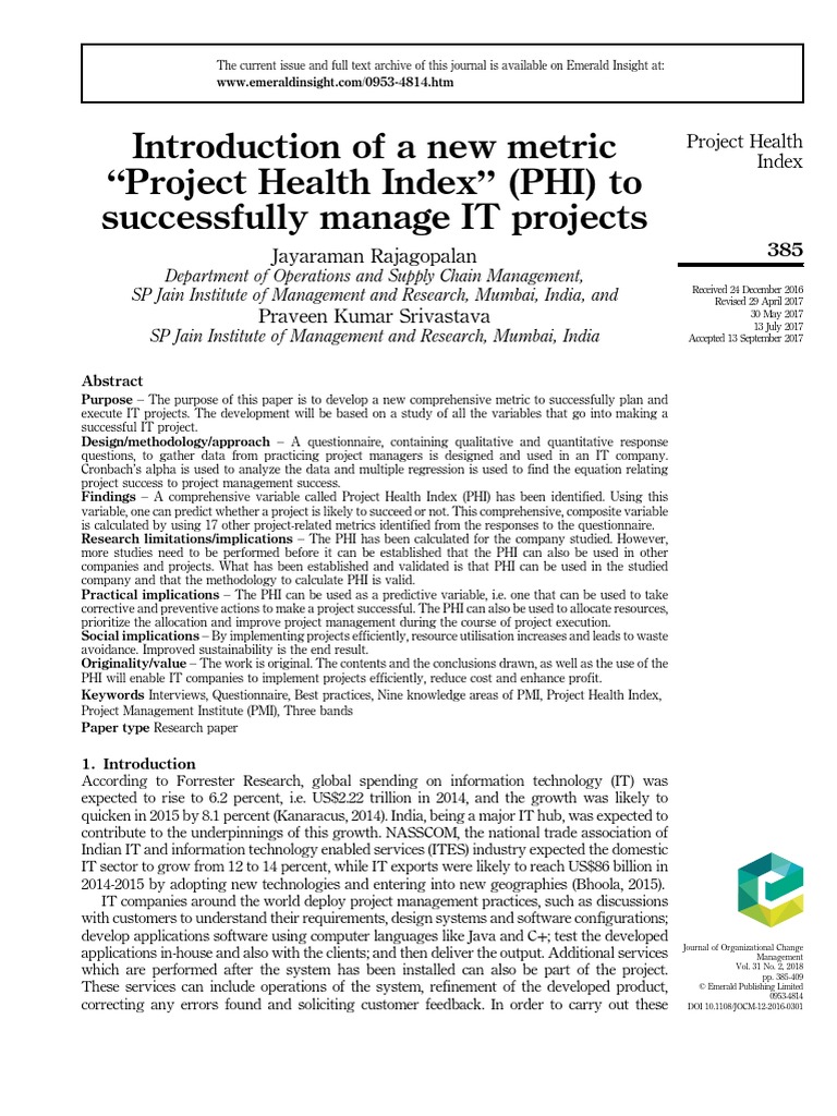 Introduction of A New Metric "Project Health Index" (PHI) To ...