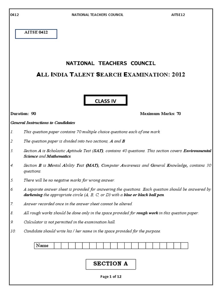 National Teachers Council All India Talent Search Examination: 2012 ...