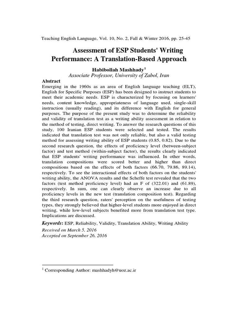 Assessment of ESP Students' Writing Performance: A Translation-Based ...