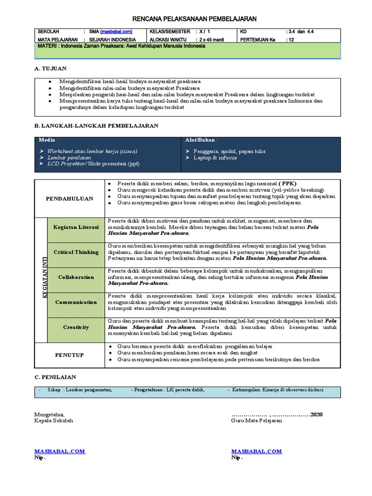 RPP 1 Lembar Sejarah Indonesia Kelas X KD 3.4 - 4.4 | PDF | Karier & Perkembangan