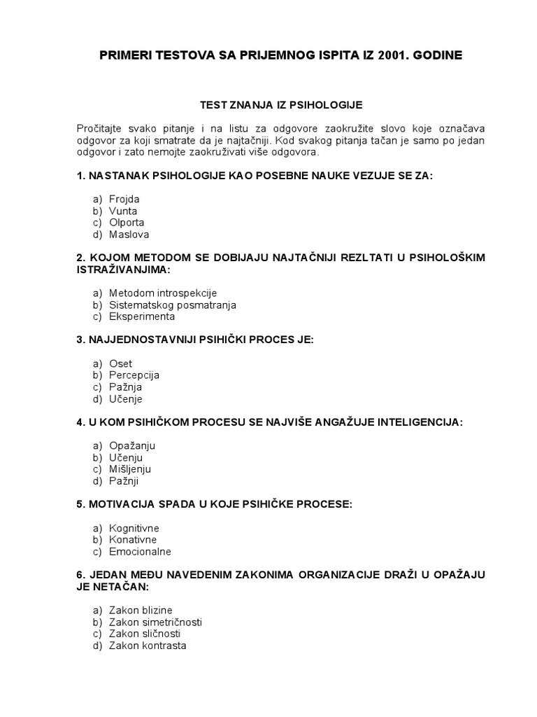 Prijemni Testovi 2001 | PDF