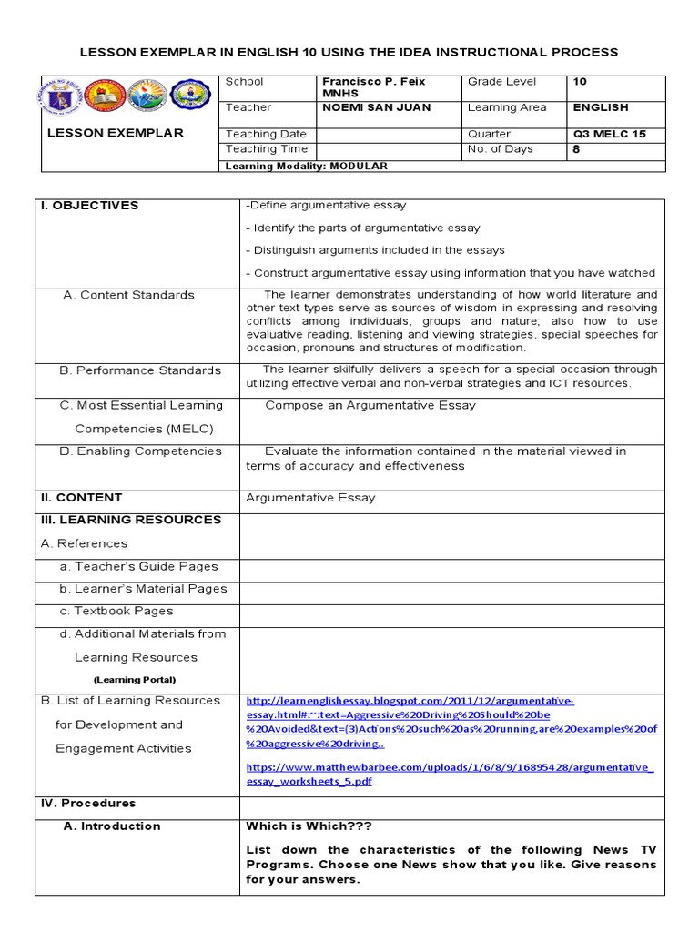 Lesson Exemplar Argumentativeessay | PDF | Traffic Collision | Argument