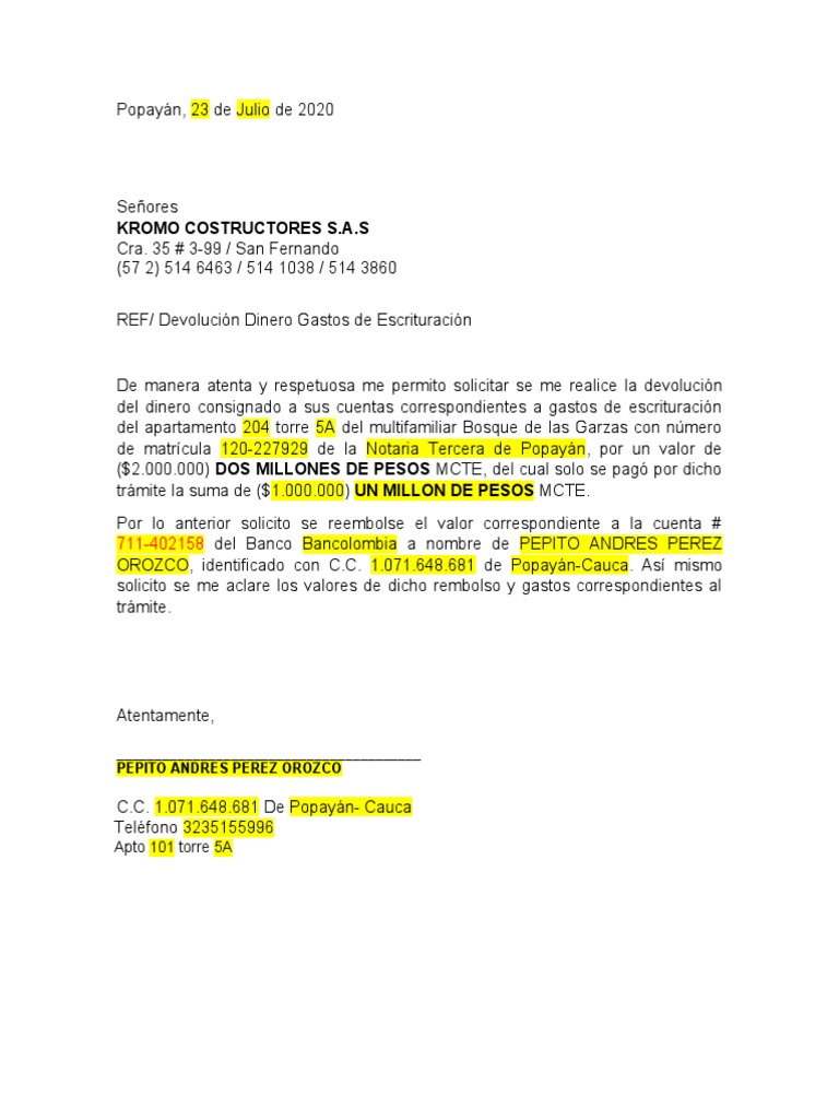 FORMATO Carta Devolución Dinero Gastos de Escrituración PARA TODOS | PDF