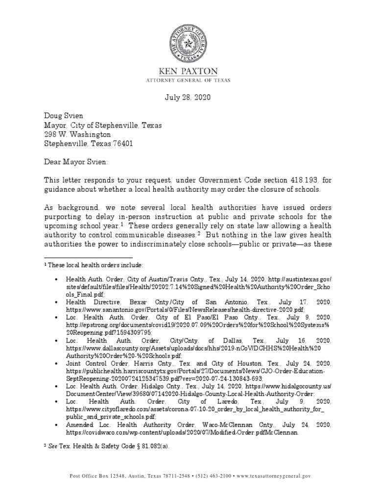 Ken Paxton Letter - 2020-07-28 | PDF | Quarantine | Police Power ...