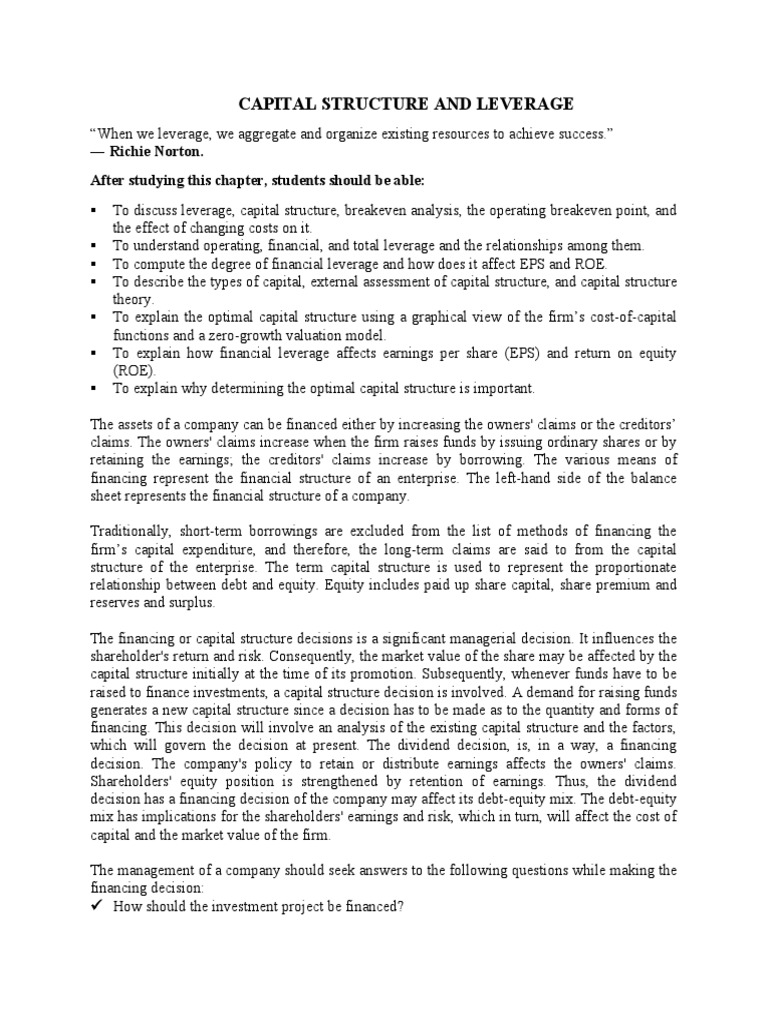 Capital Structure and Leverage | PDF | Capital Structure | Leverage ...