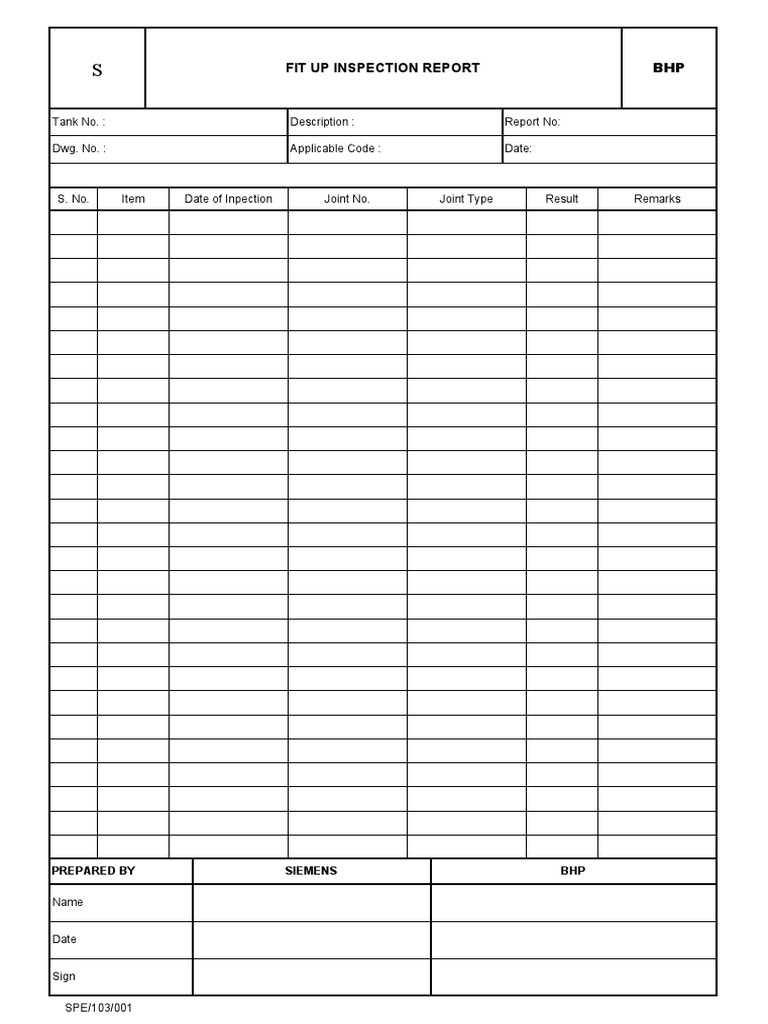 Fit Up Inspection Report: Tank No.: Description: Report No: Dwg. No ...