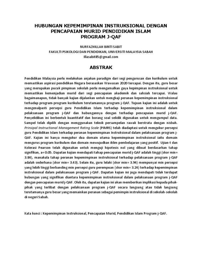 HUBUNGAN KEPEMIMPINAN INSTRUKSIONAL DENGAN Pencapaian Murid Pendidikan Islam Program J-Qaf PDF | PDF