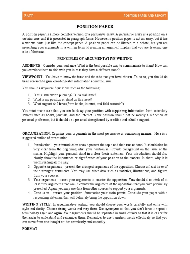 POSITION PAPER Handouts | PDF | Essays | Question