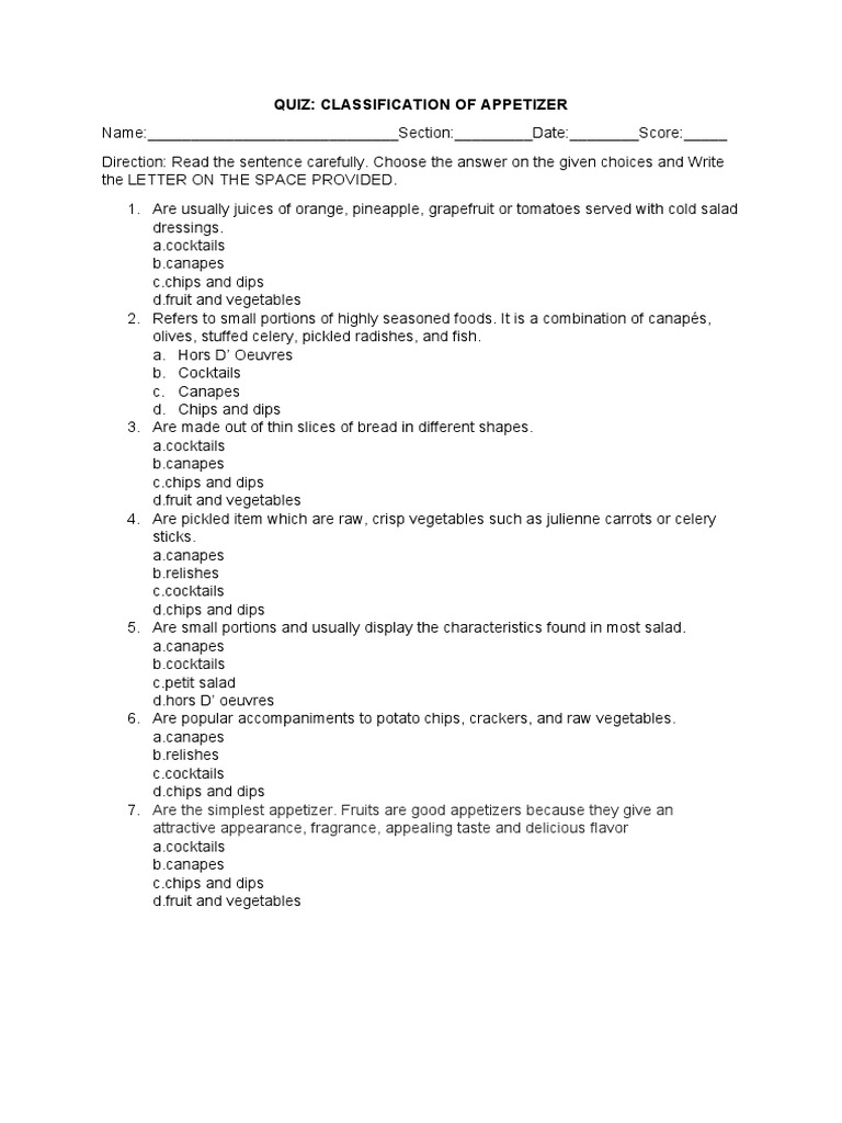 Quiz: Classification of Appetizer | PDF