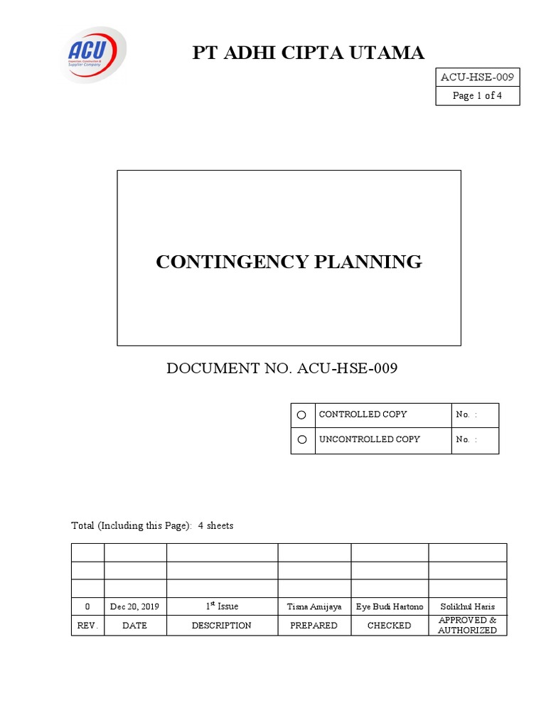 PT ACU Contingency Planning Rev 0 | PDF | Occupational Safety And ...