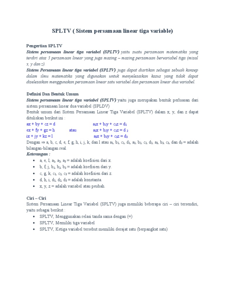MATERI SPLTV KELAS X Pert 1 | PDF