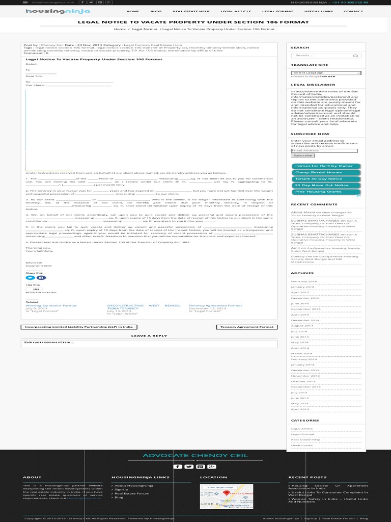 Legal Notice To Vacate Property Under Section 106 Format - Advocate ...