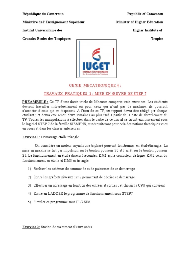 Genie Mecatronique 4: Travaux Pratiques 1: Mise en Œuvre de Step 7 ...