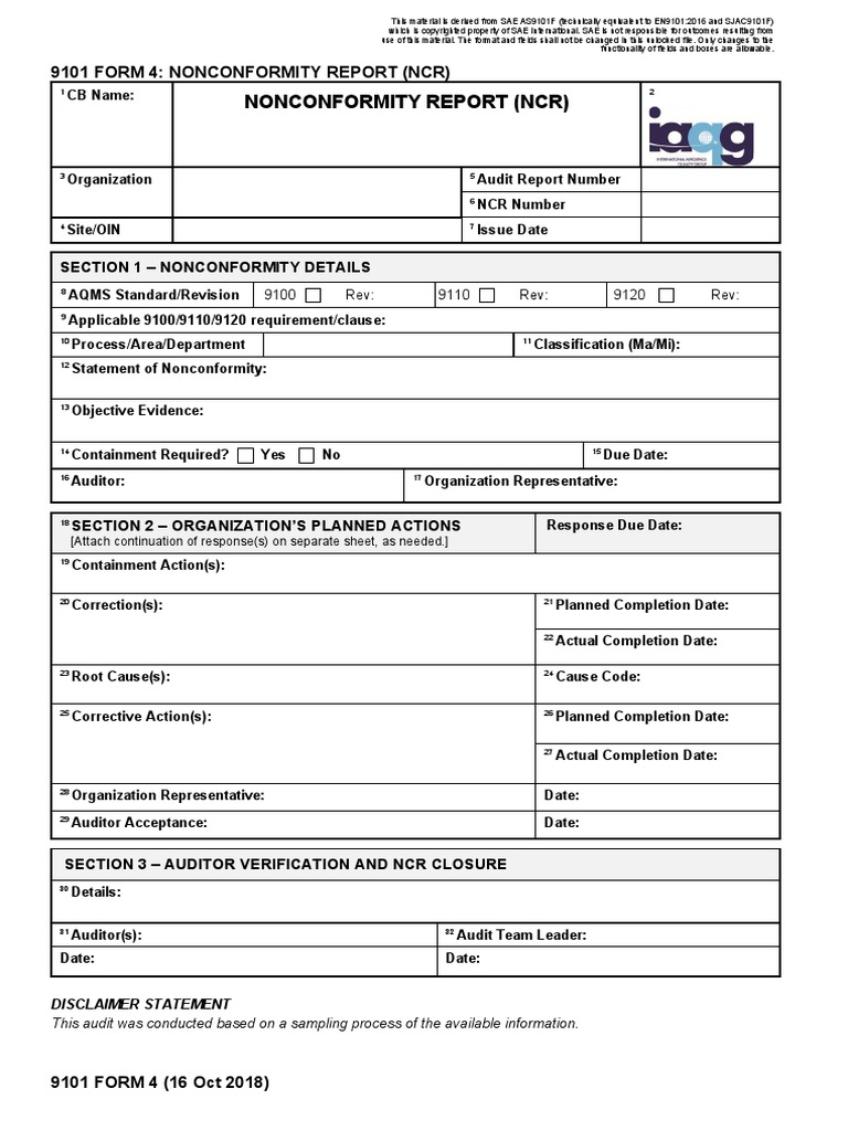 9101 Form 4: Nonconformity Report (NCR) | PDF | Verification And ...