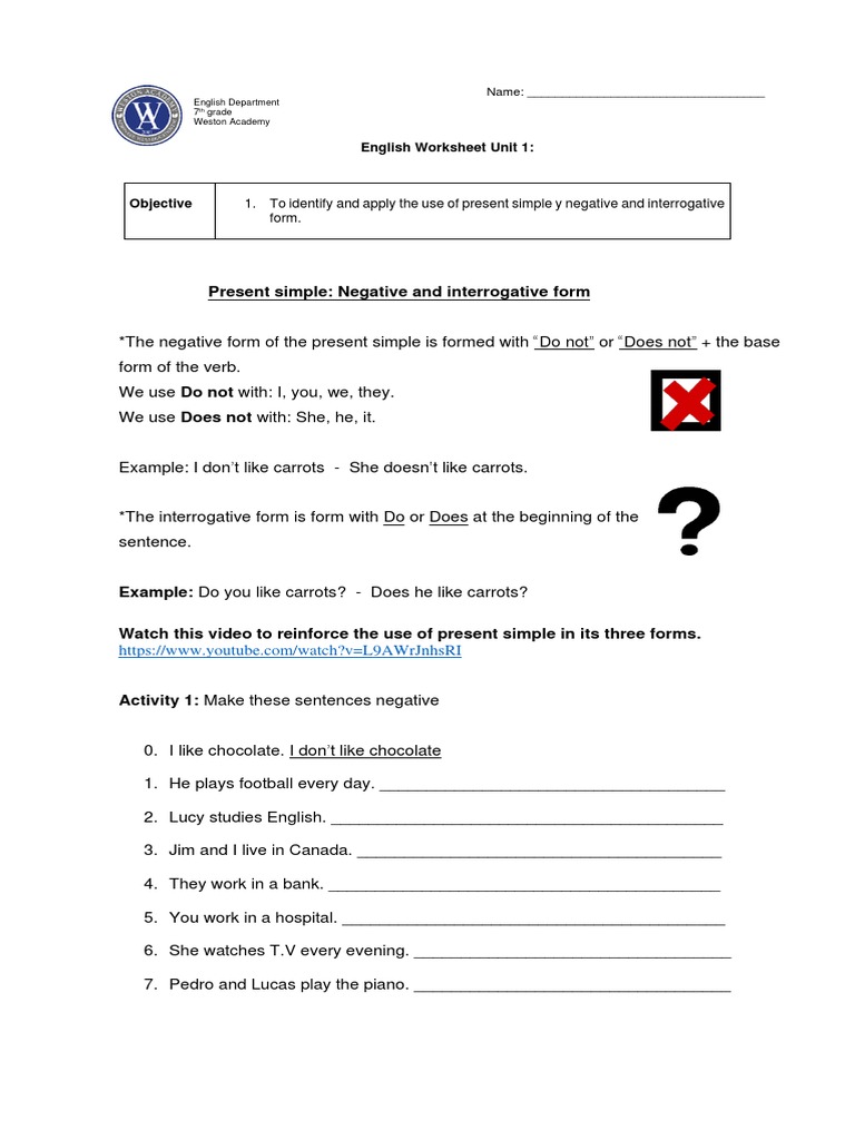 Present Simple: Negative and Interrogative Form: English Worksheet Unit ...