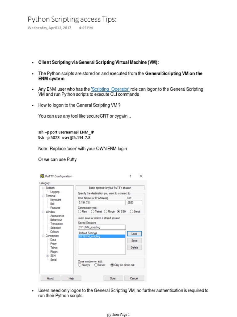 Python ENM Scripting Access Tips | PDF | Secure Shell | Command Line Interface