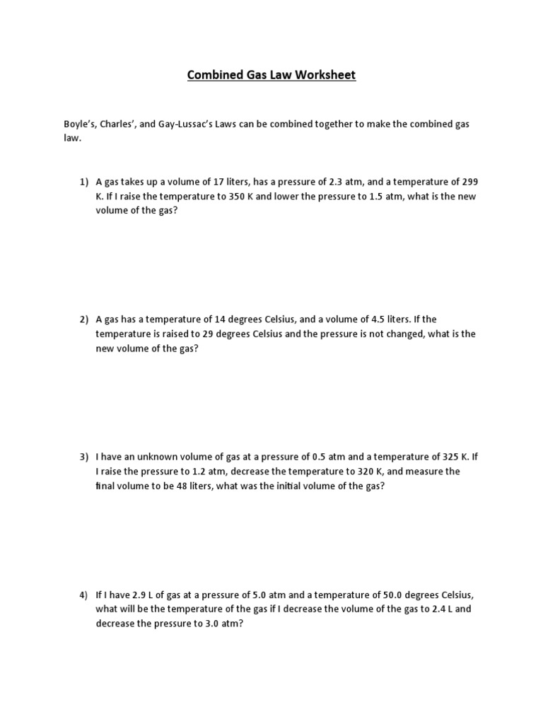 Combined Gas Law Worksheet | PDF | Science & Mathematics