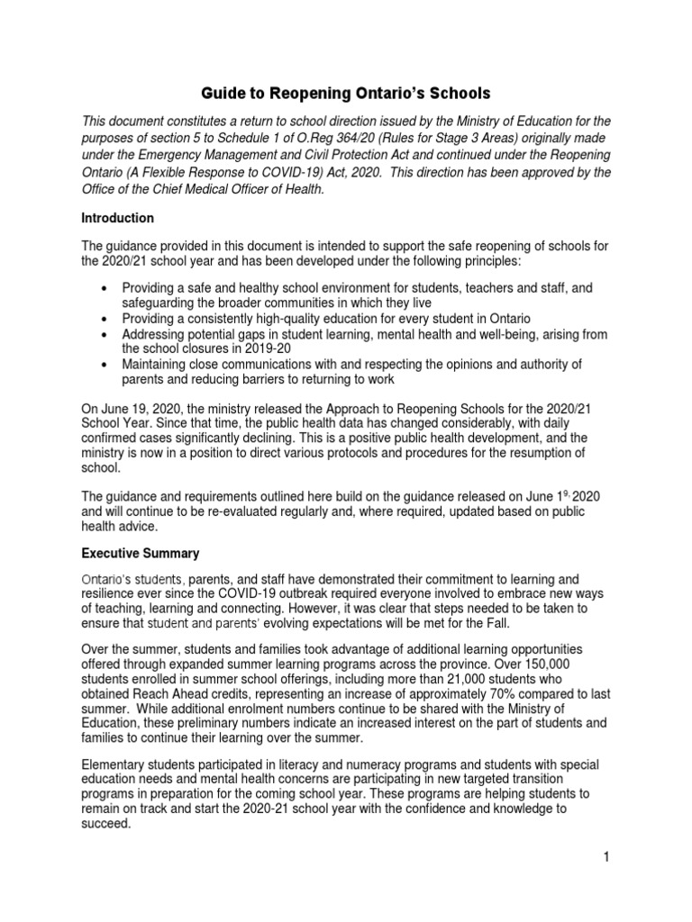 Ontario Schools Reopening Guidelines 2020 | PDF | Schools | Special ...