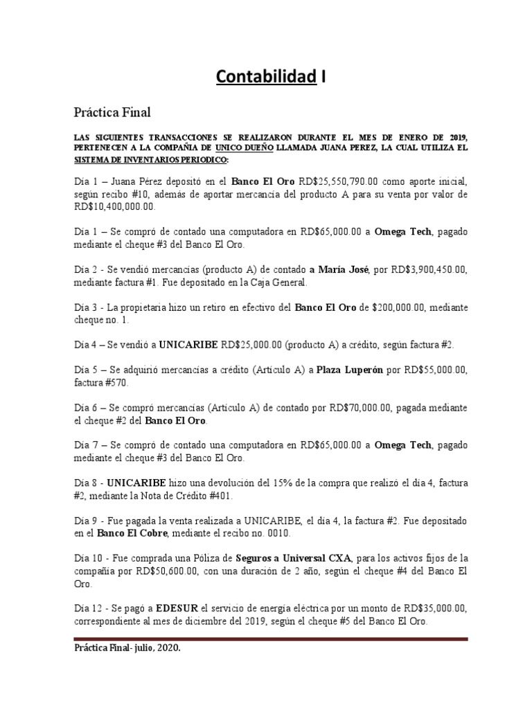 Práctica Final - Julio 2020 - Contab.I | PDF | Depreciación | Bancos