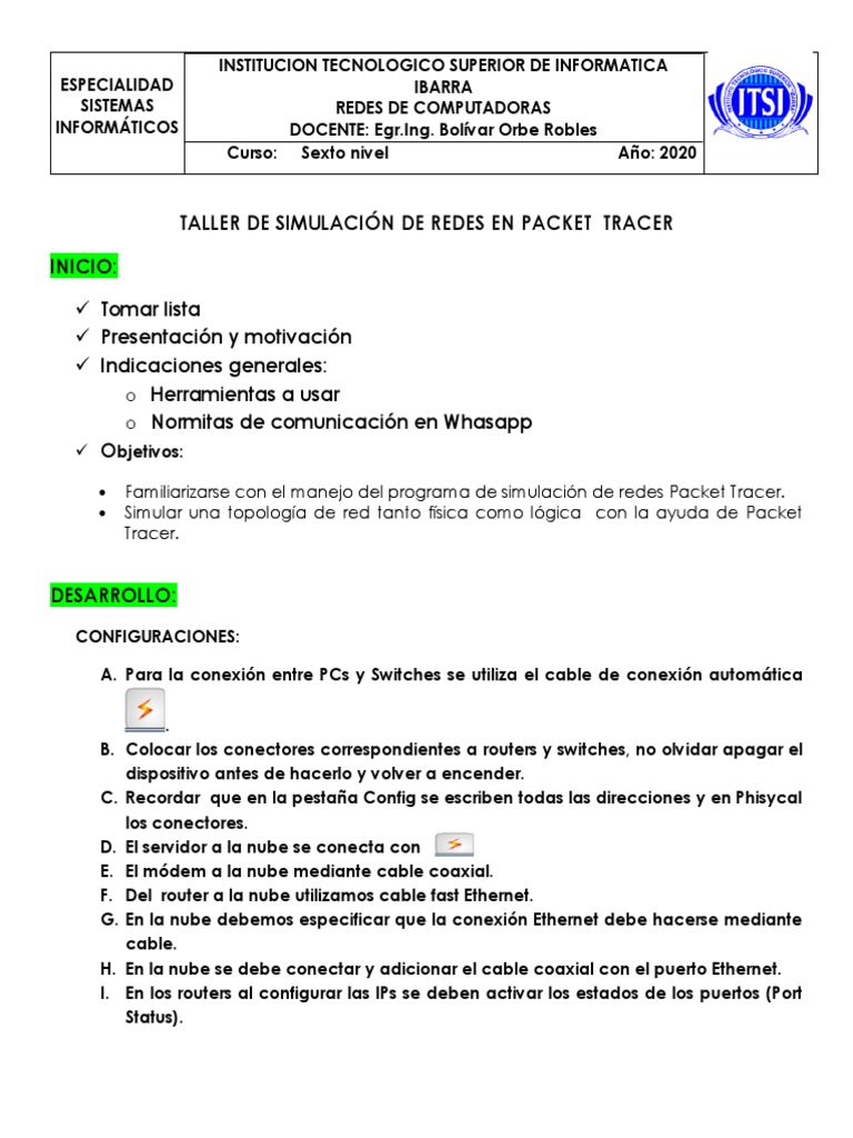 Taller Packet Tracer de Servidores ISP, DNS, DHCP PDF | PDF | Dirección IP | Enrutador (Computación)