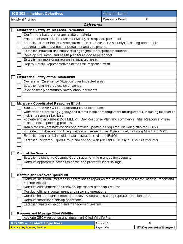 DoT - ICS 202 Incident Objectives | PDF | Incident Command System ...
