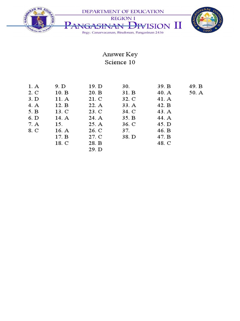 Answer Key Science 10 | PDF