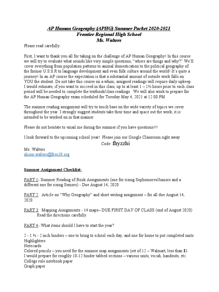 AP Human Geography (APHG) Summer Packet 2020-2021 Frontier Regional ...