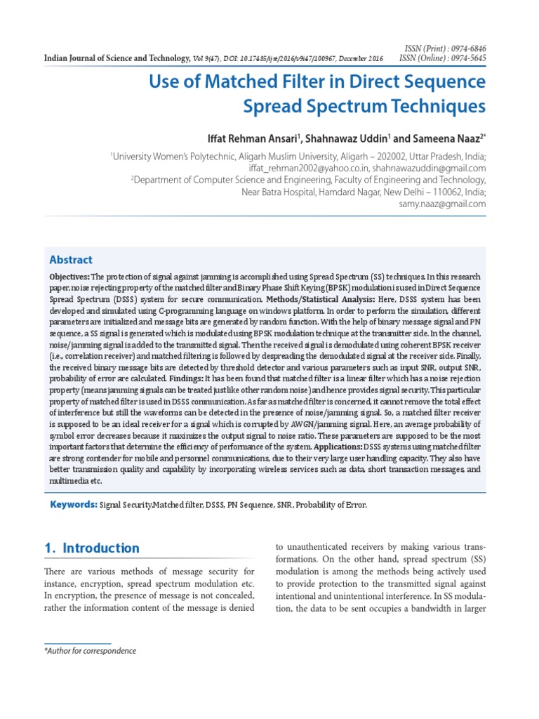 Matched Filter Paper | PDF | Signal To Noise Ratio | Modulation