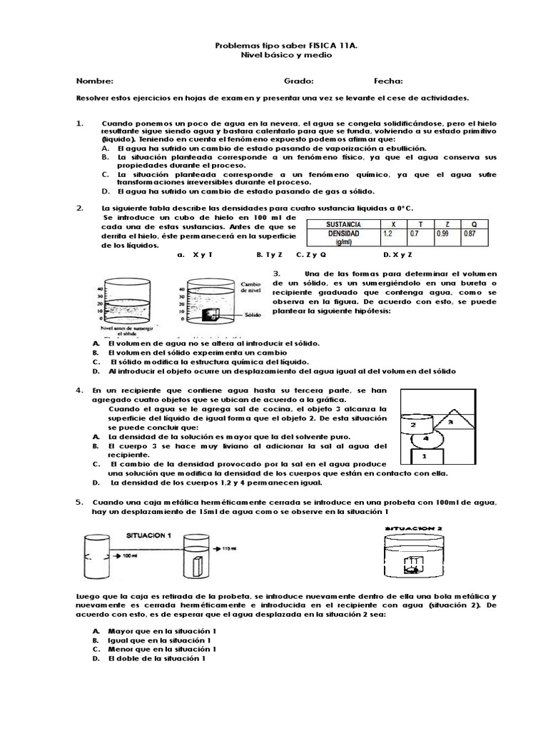 Problemas Tipo Saber Fisica 11a | PDF | Gases | Líquidos