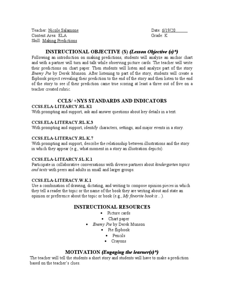 Kindergarten Ela Lesson | PDF | Learning | Teachers