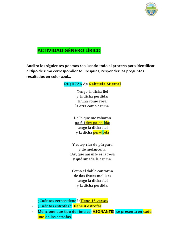 Actividad Del Genero Lirico | PDF