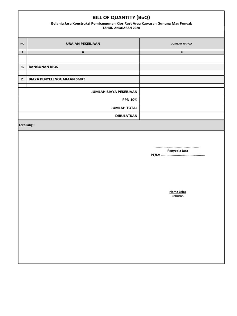 Bill of Quantity (Boq) : Belanja Jasa Konstruksi Pembangunan Kios Rest Area Kawasan Gunung Mas ...
