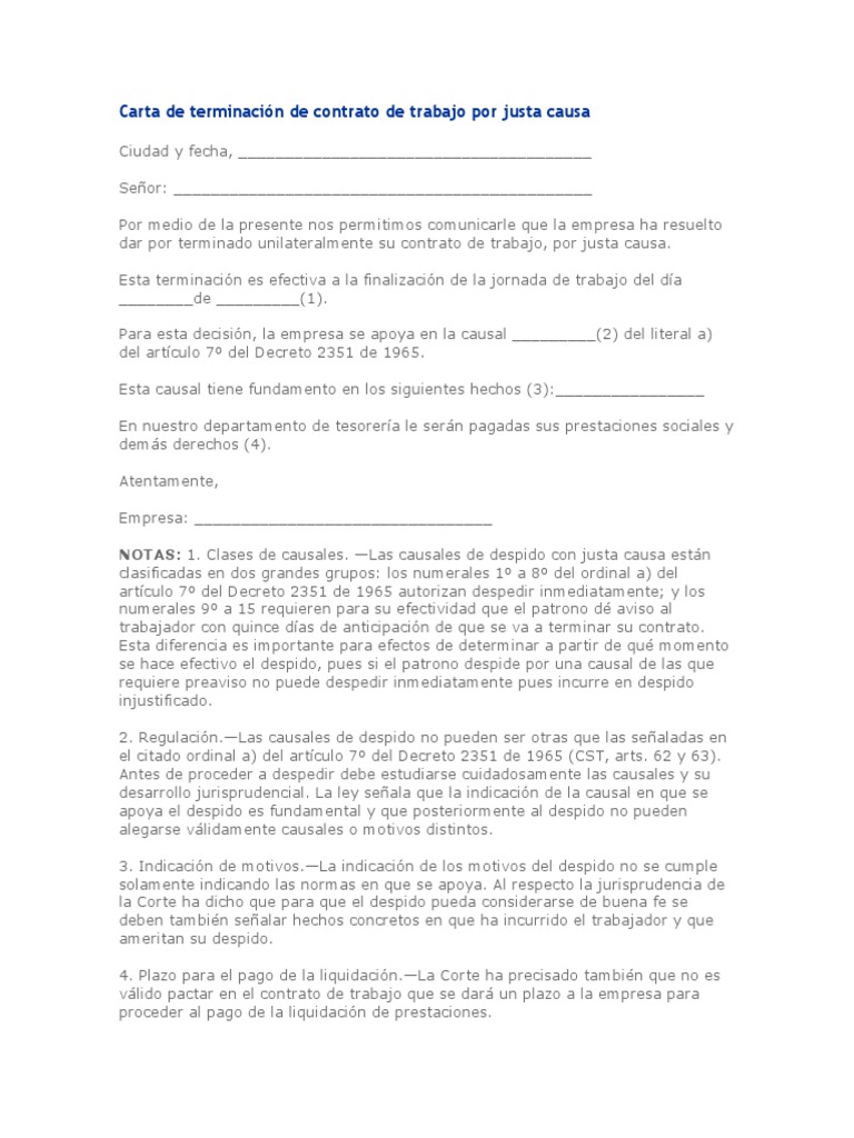 Carta De Terminación De Contrato De Trabajo Por Justa Causa Pdf