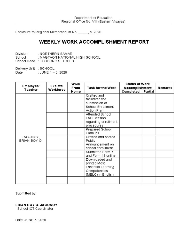 Weekly Accomplisment Report | PDF