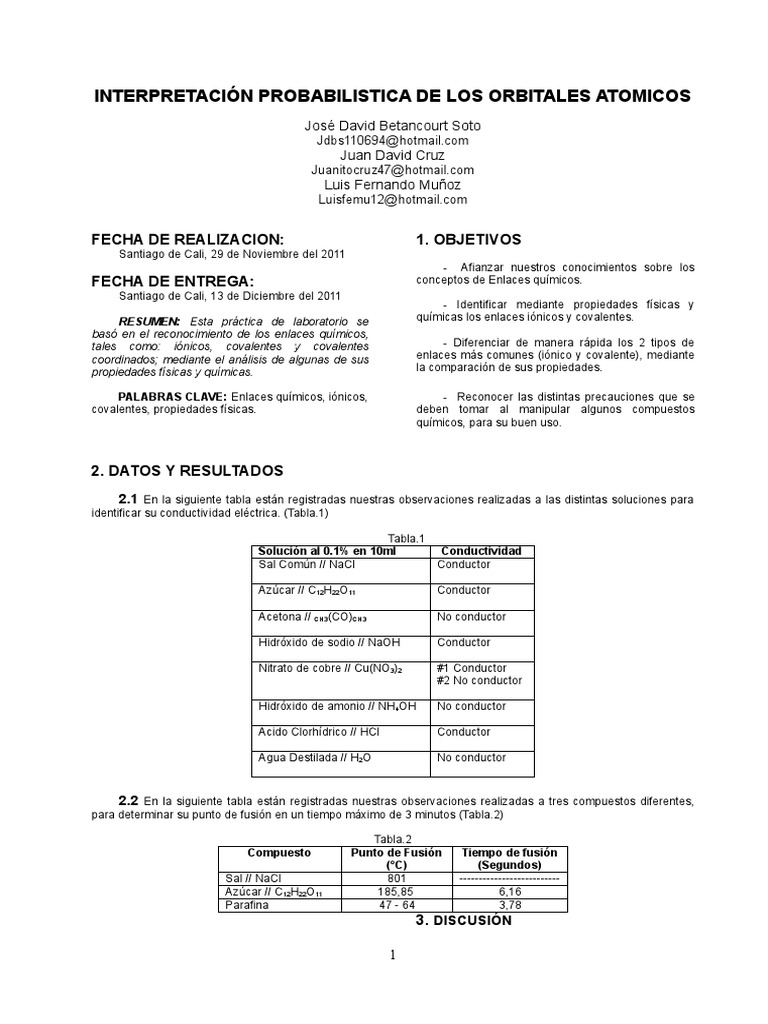 Informe De Laboratorio 4 Pdf Enlace Químico Enlace Covalente
