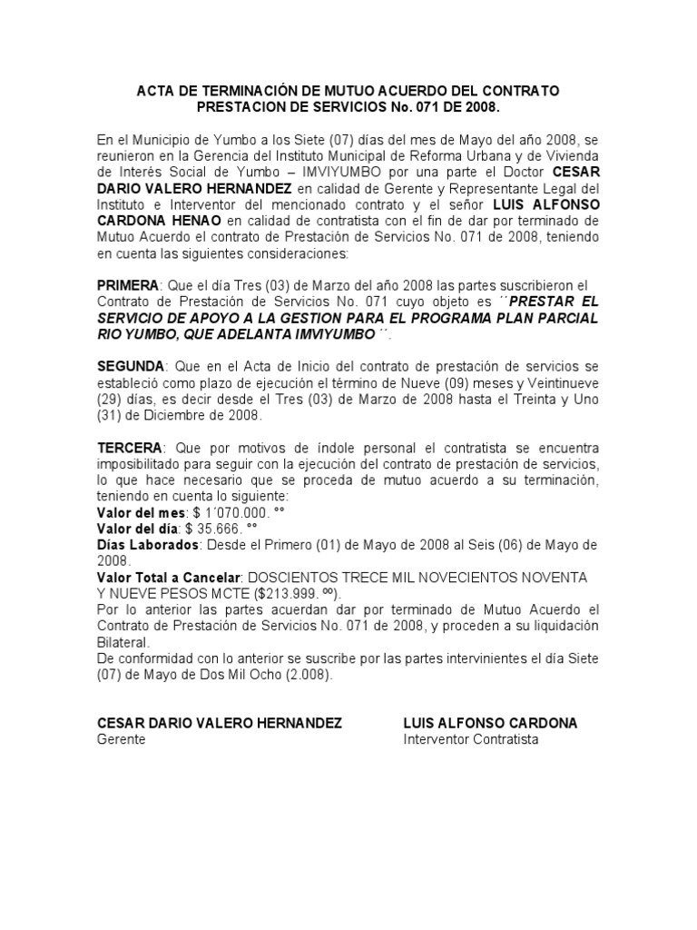 Acta de Terminación de Mutuo Acuerdo Del Contrato | PDF | Gobierno ...