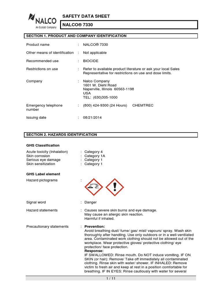 Safety Data Sheet NALCO® 7330: Section 1. Product and Company Identification | PDF | Dangerous ...