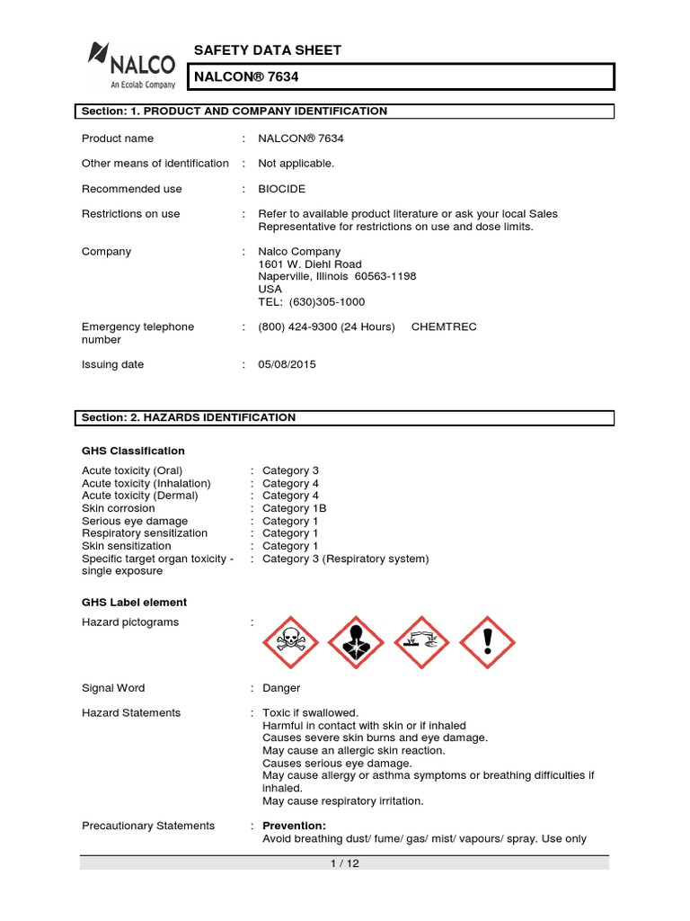 Safety Data Sheet NALCON® 7634: Section: 1. Product and Company ...