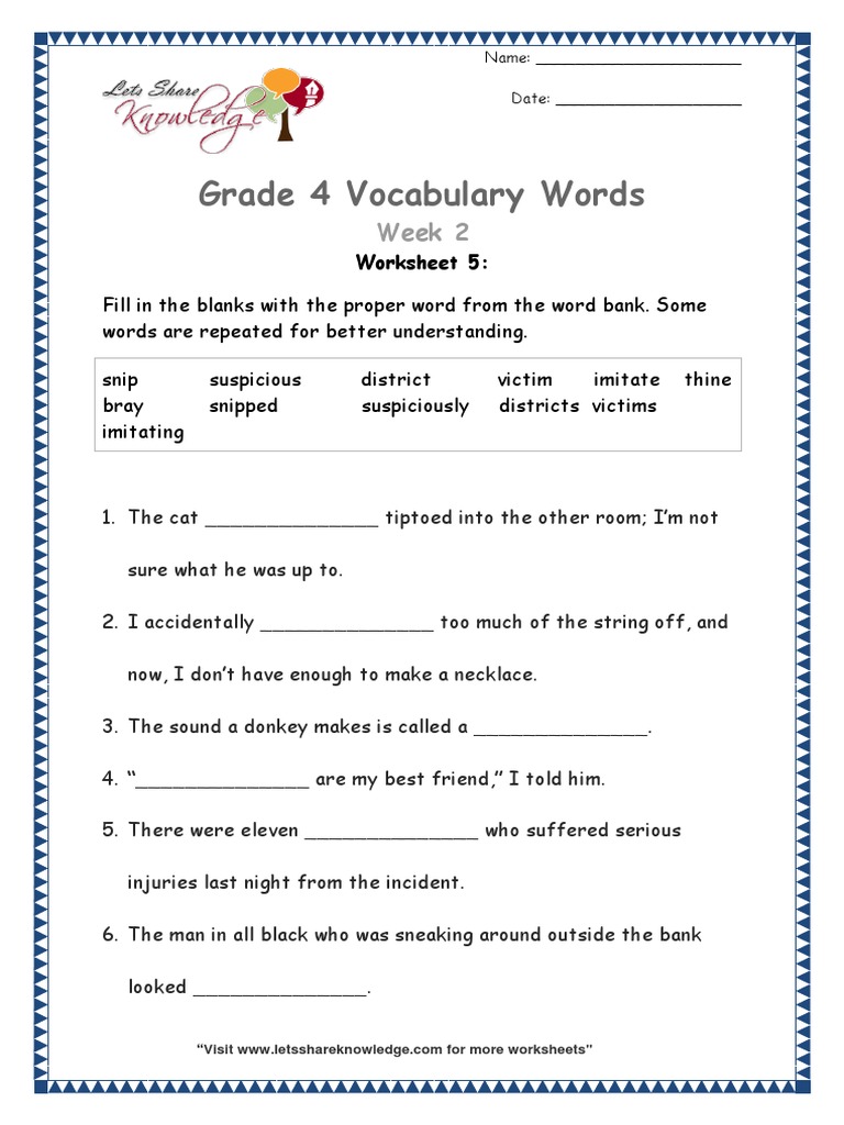 Grade 4 Vocabulary Week 2 Worksheet 5 | PDF