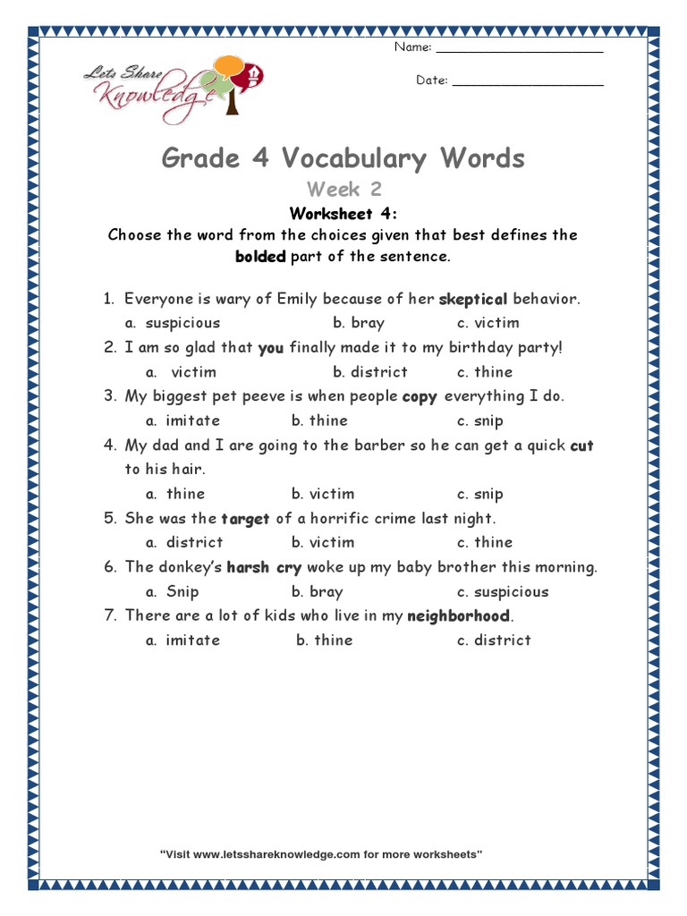 Grade 4 Vocabulary Week 2 Worksheet 4 | PDF